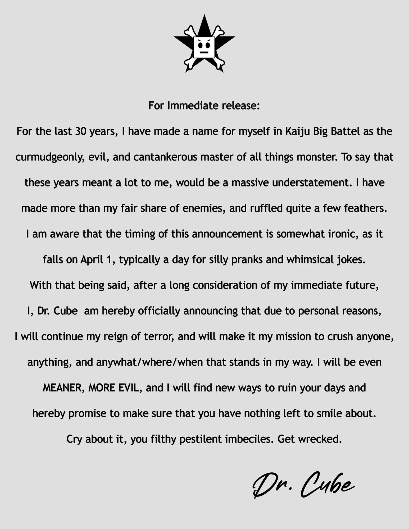 Dr. Cube Leaves A Special Message This April Fools Day – Kaiju Big Battel